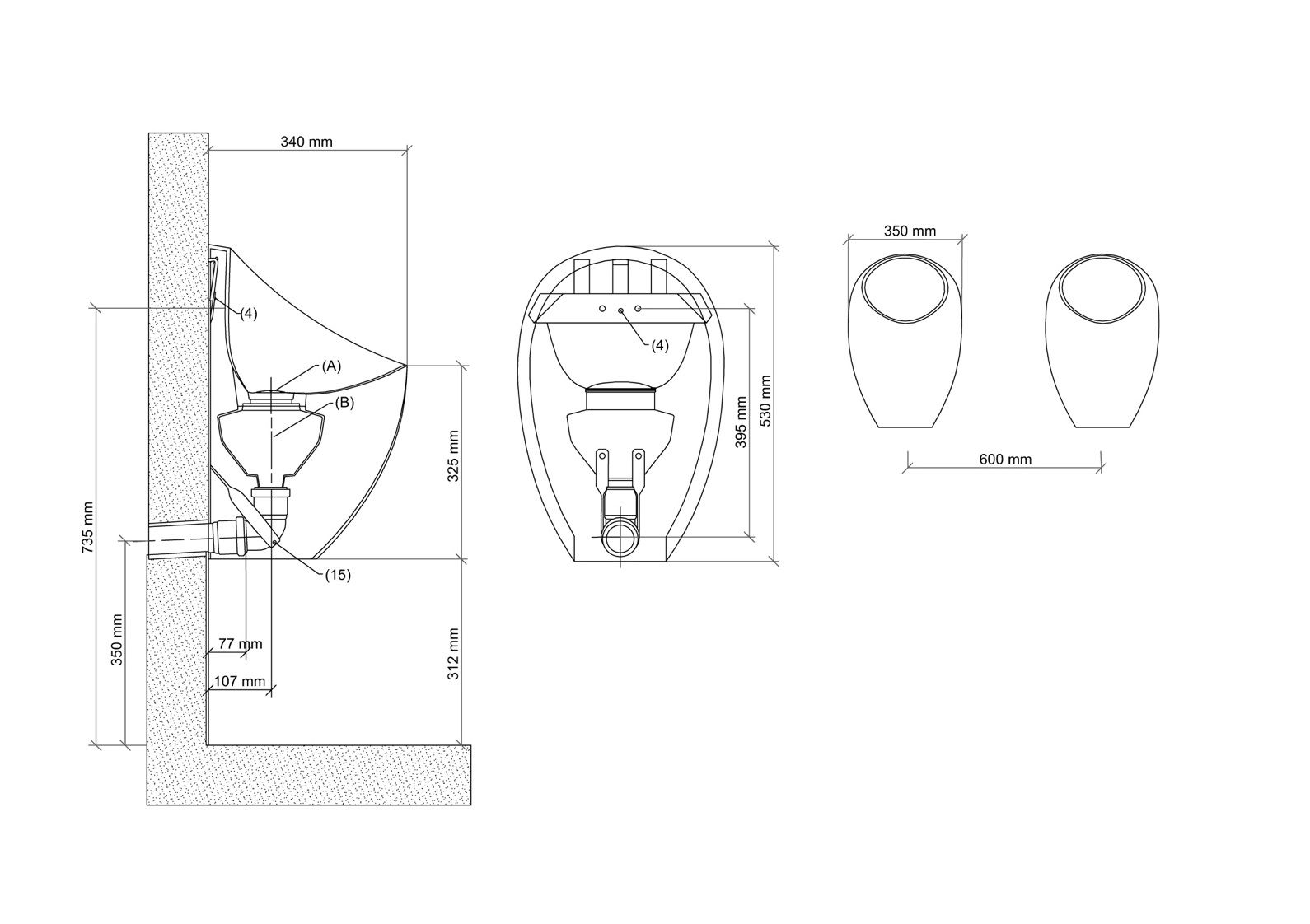 Sanit Urinal Cadet Glasfiber, Anschluss horizontal, schwarz | 14852965